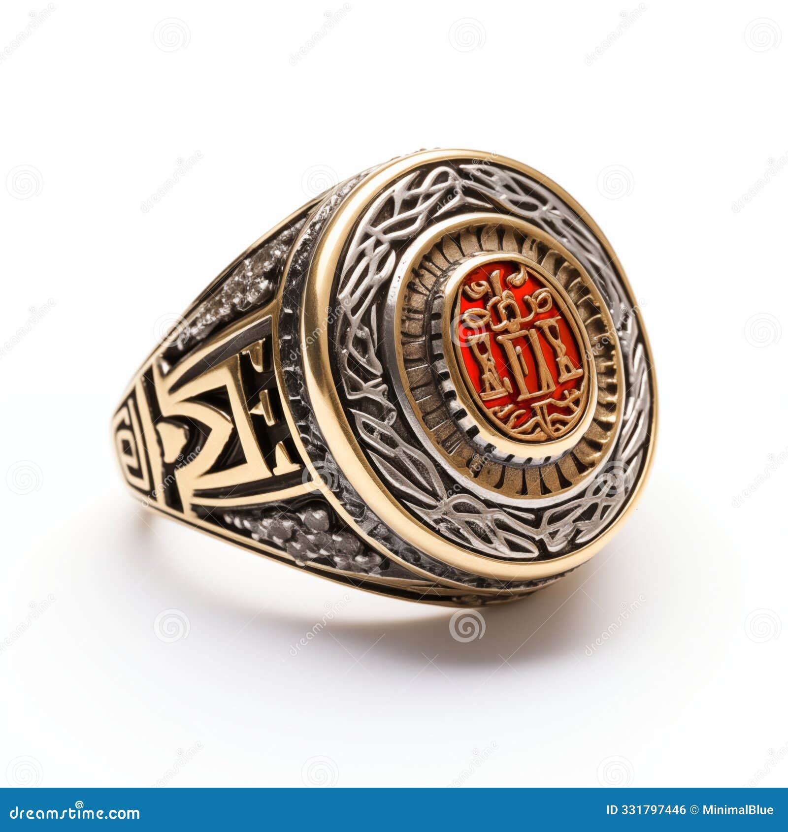 Ornate Gold and Silver Ring with Red Emblem on White Background Stock ...