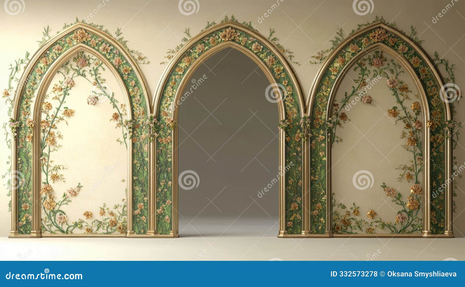 Ornate Gothic Arch Trio with Floral Patterns in Classical Interior ...