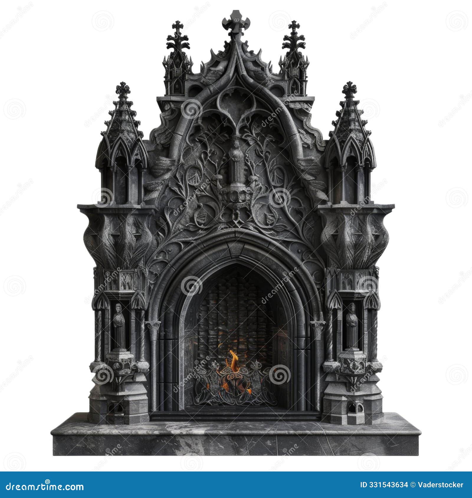 Ornate Gothic Stone Fireplace with Burning Fire Stock Illustration ...