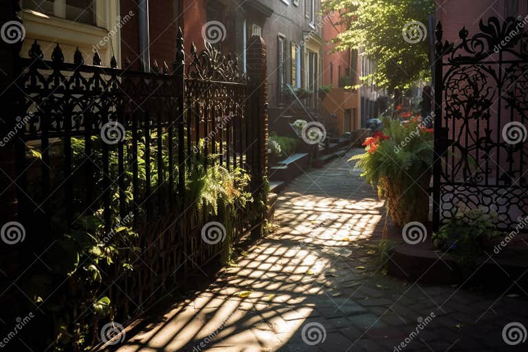Ornate Iron Gate with Shadows on Brick Path Stock Photo - Image of gate ...