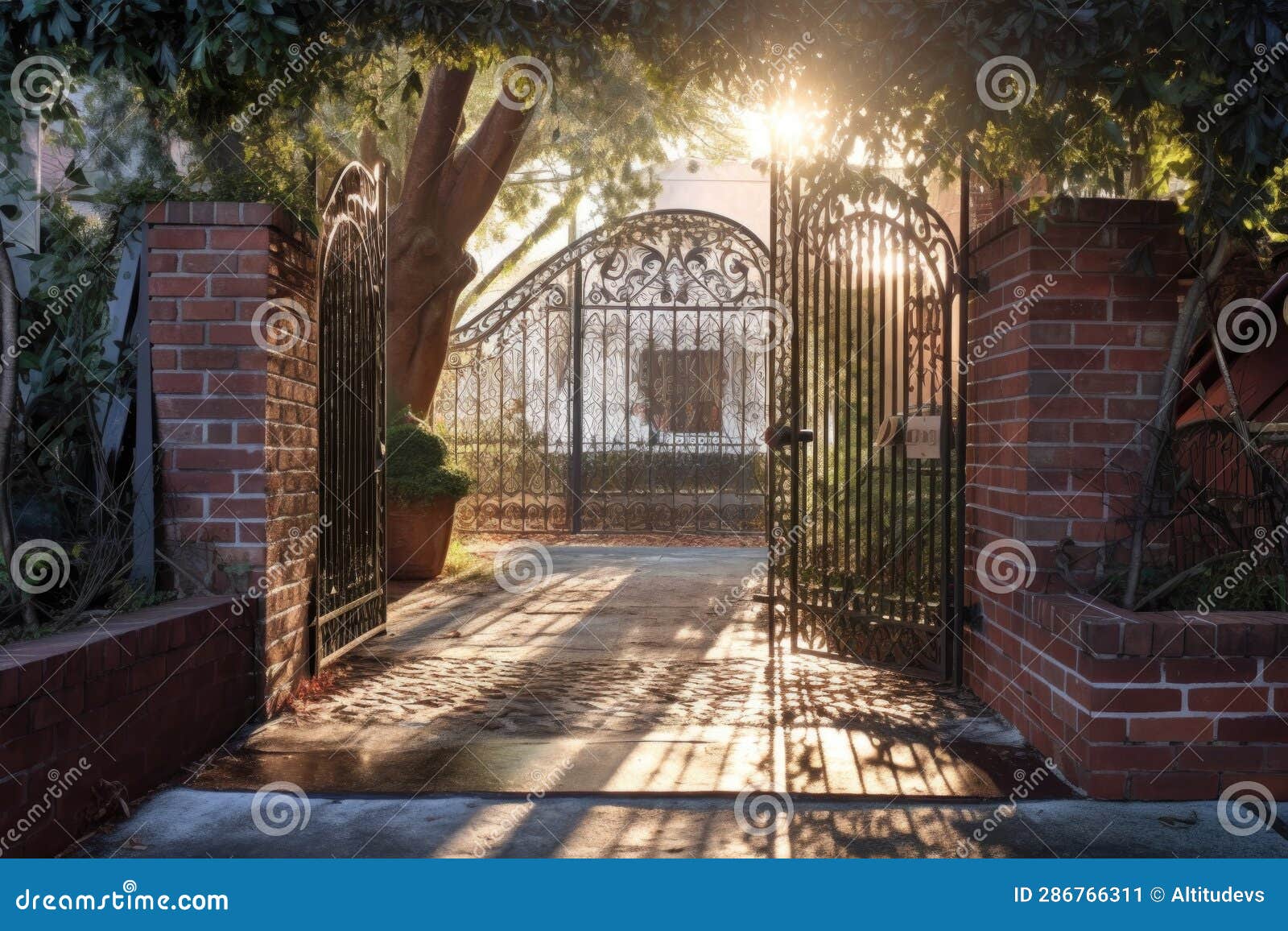 Ornate Iron Gate with Shadows on Brick Path Stock Image - Image of ...