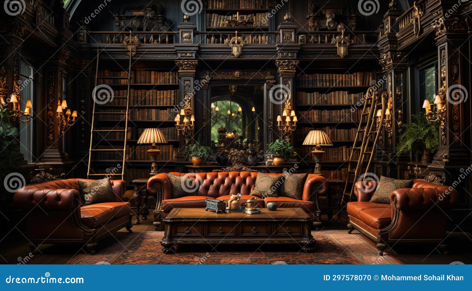 An Ornate Library with a Couch and Black Bookshelves Dark Theme ...