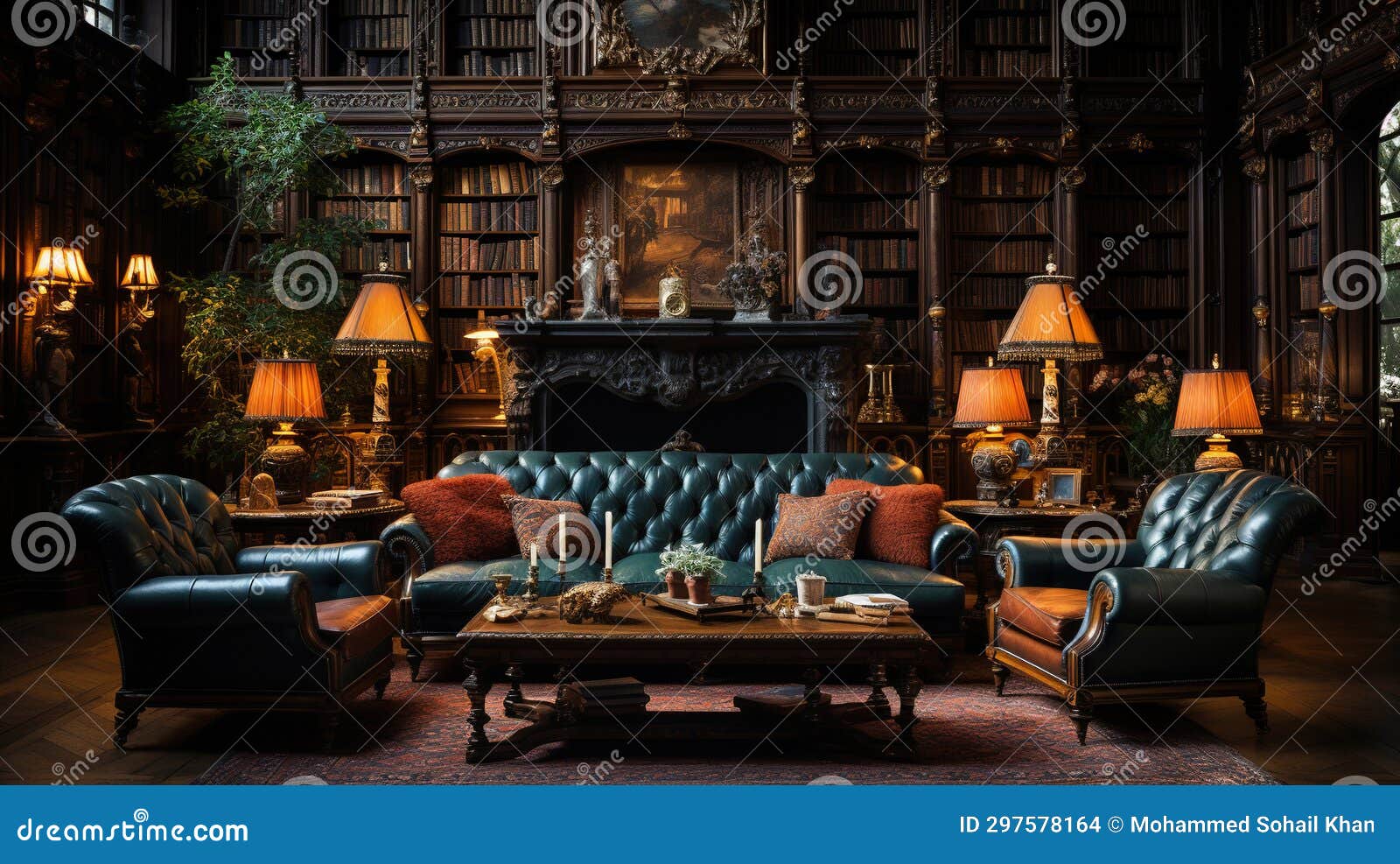 An Ornate Library with a Couch and Black Bookshelves Dark Theme ...