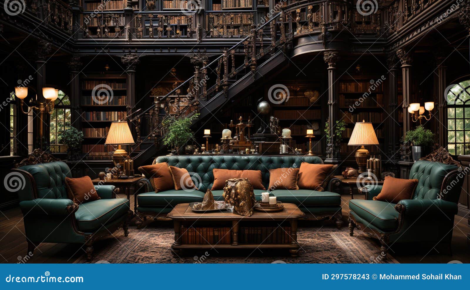 An Ornate Library with a Couch and Black Bookshelves Dark Theme ...