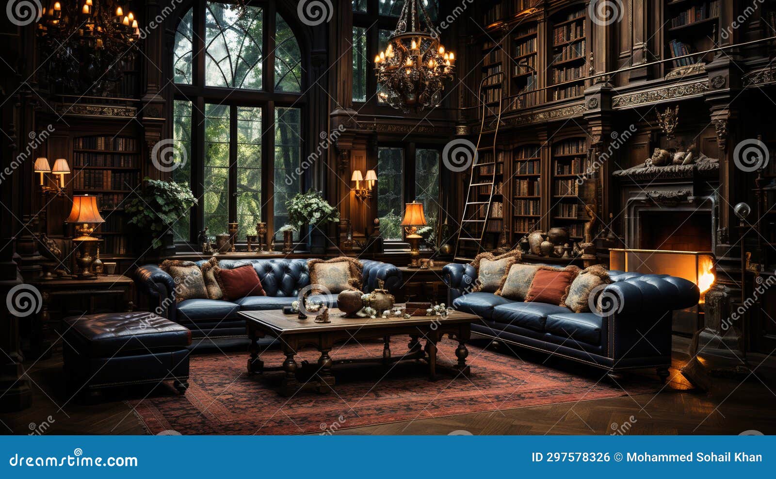An Ornate Library with a Couch and Black Bookshelves Dark Theme ...