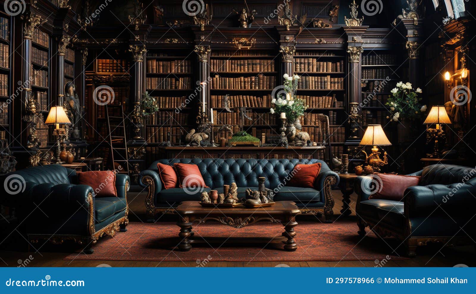 An Ornate Library with a Couch and Black Bookshelves Dark Theme ...