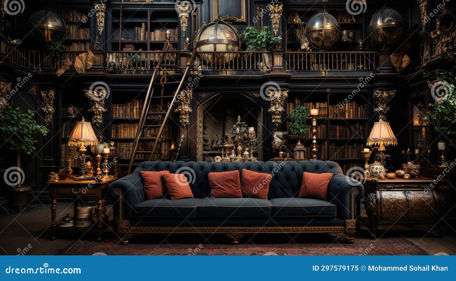 An Ornate Library with a Couch and Black Bookshelves Dark Theme ...