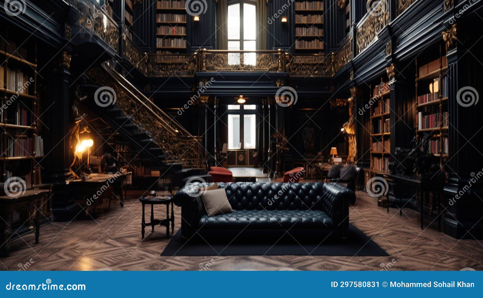 An Ornate Library with a Couch and Black Bookshelves Dark Theme ...