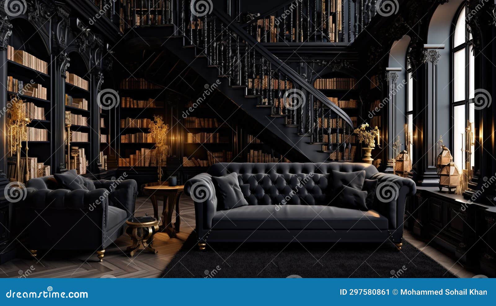 An Ornate Library with a Couch and Black Bookshelves Dark Theme ...