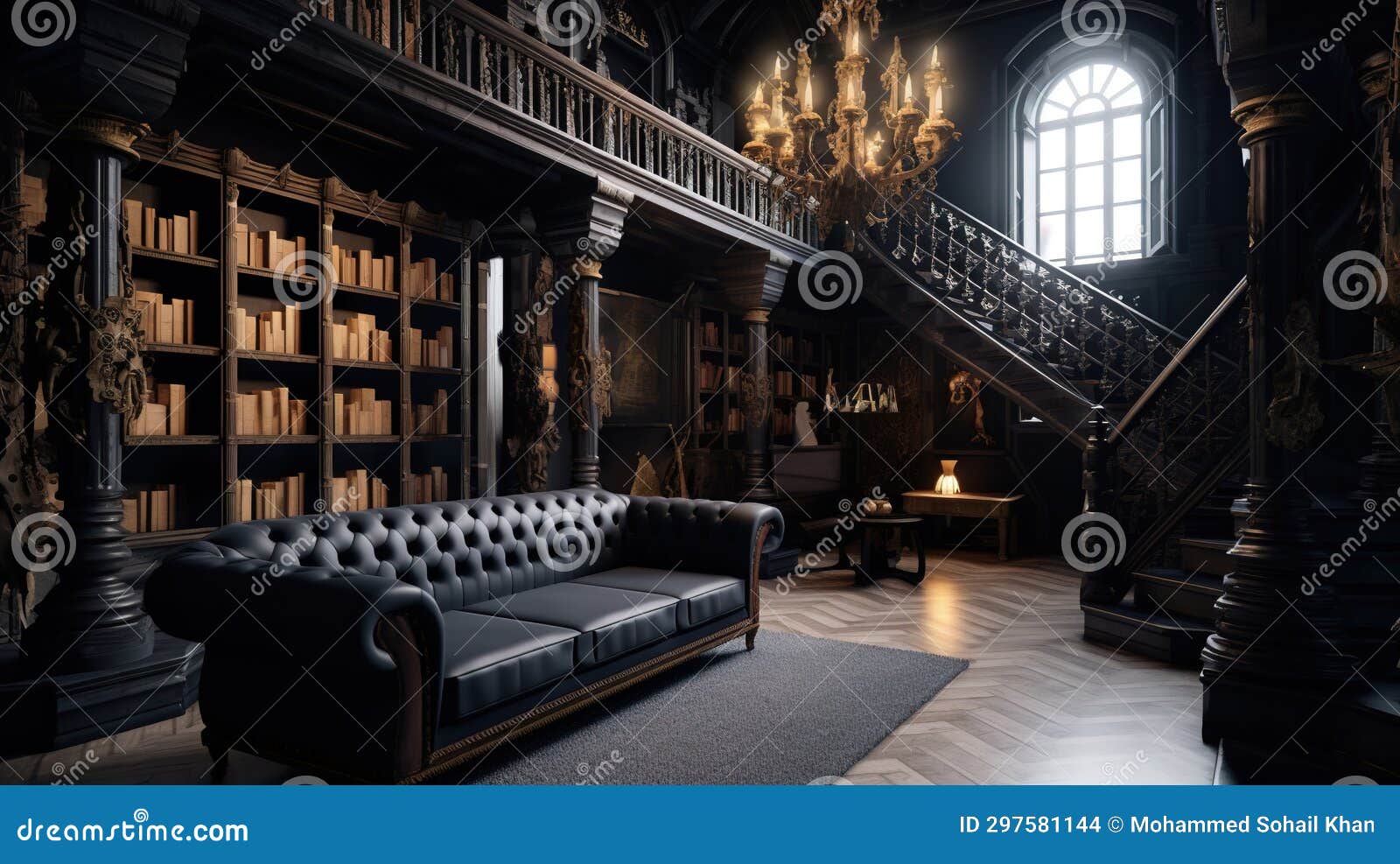 An Ornate Library with a Couch and Black Bookshelves Dark Theme ...