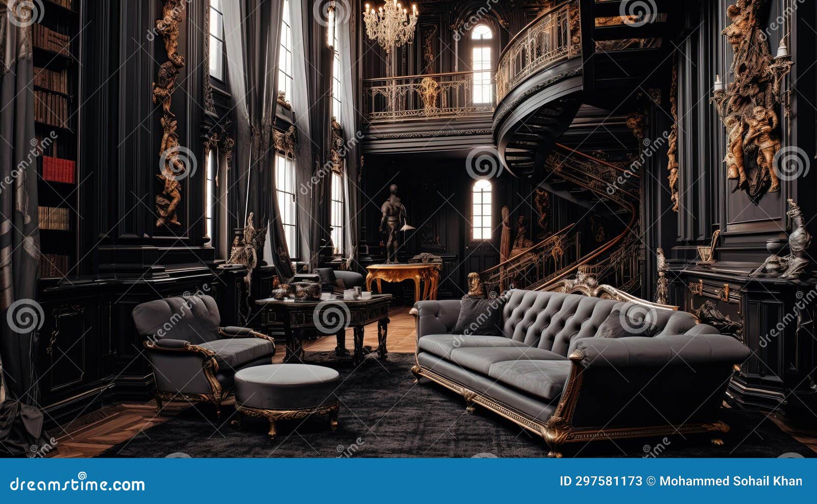 An Ornate Library with a Couch and Black Bookshelves Dark Theme ...