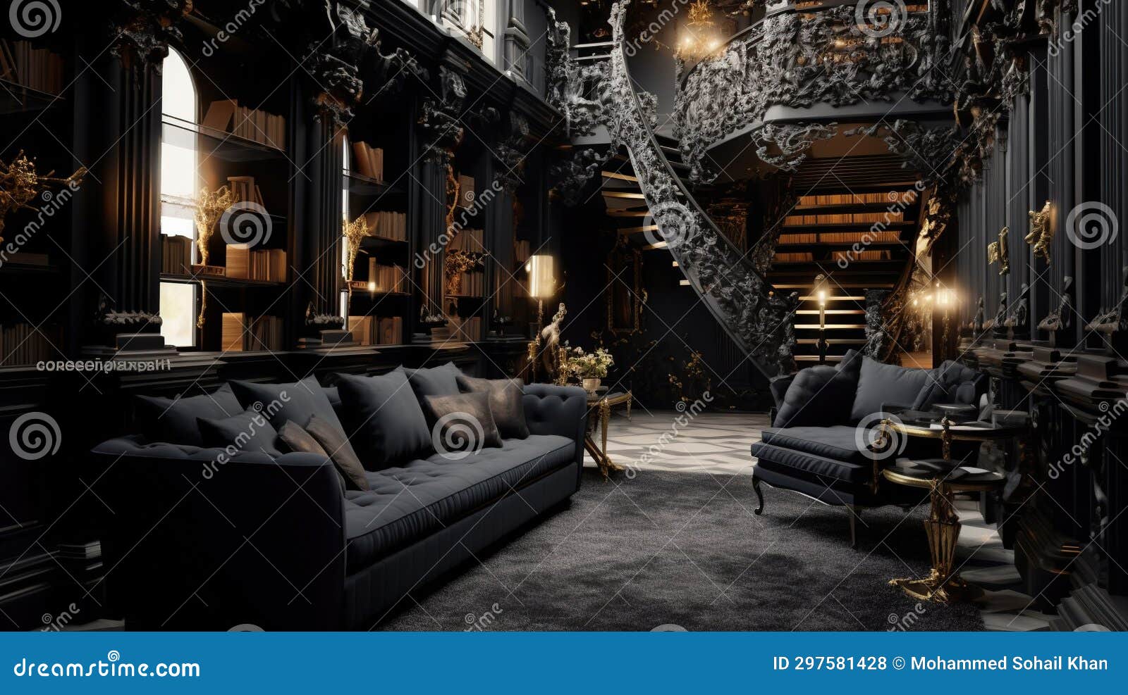 An Ornate Library with a Couch and Black Bookshelves Dark Theme ...