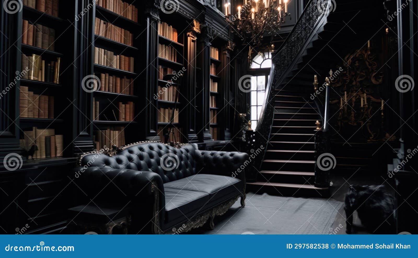 An Ornate Library with a Couch and Black Bookshelves Dark Theme ...