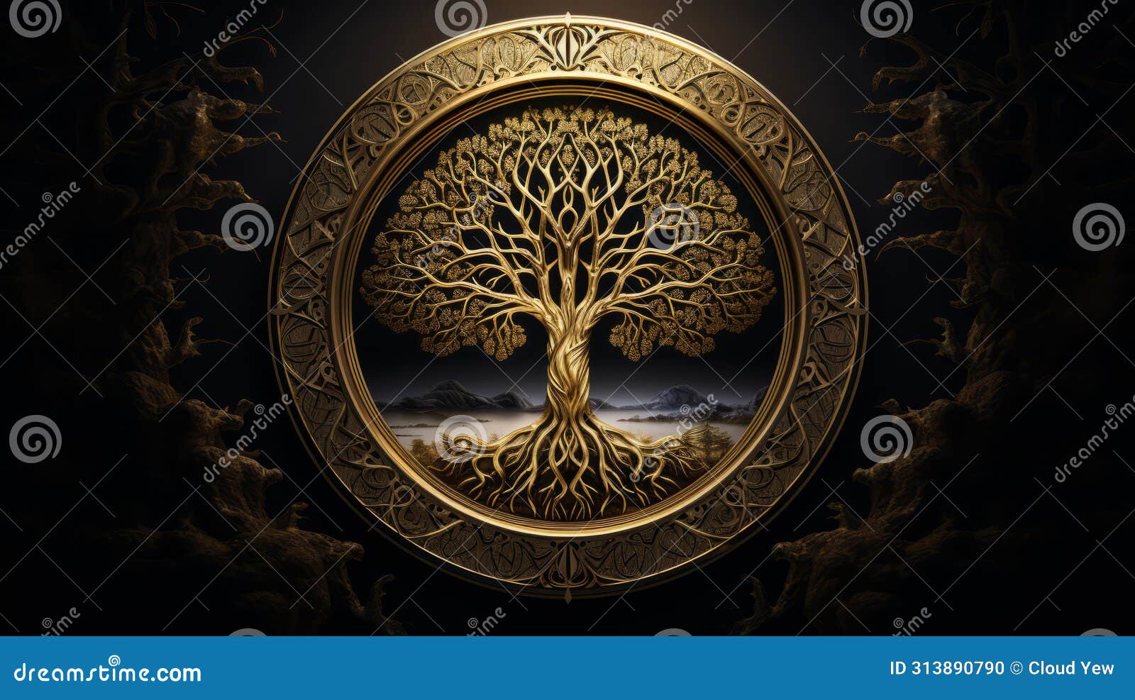 An Ornate Mandala with a Tree of Life and Roots Stock Illustration ...