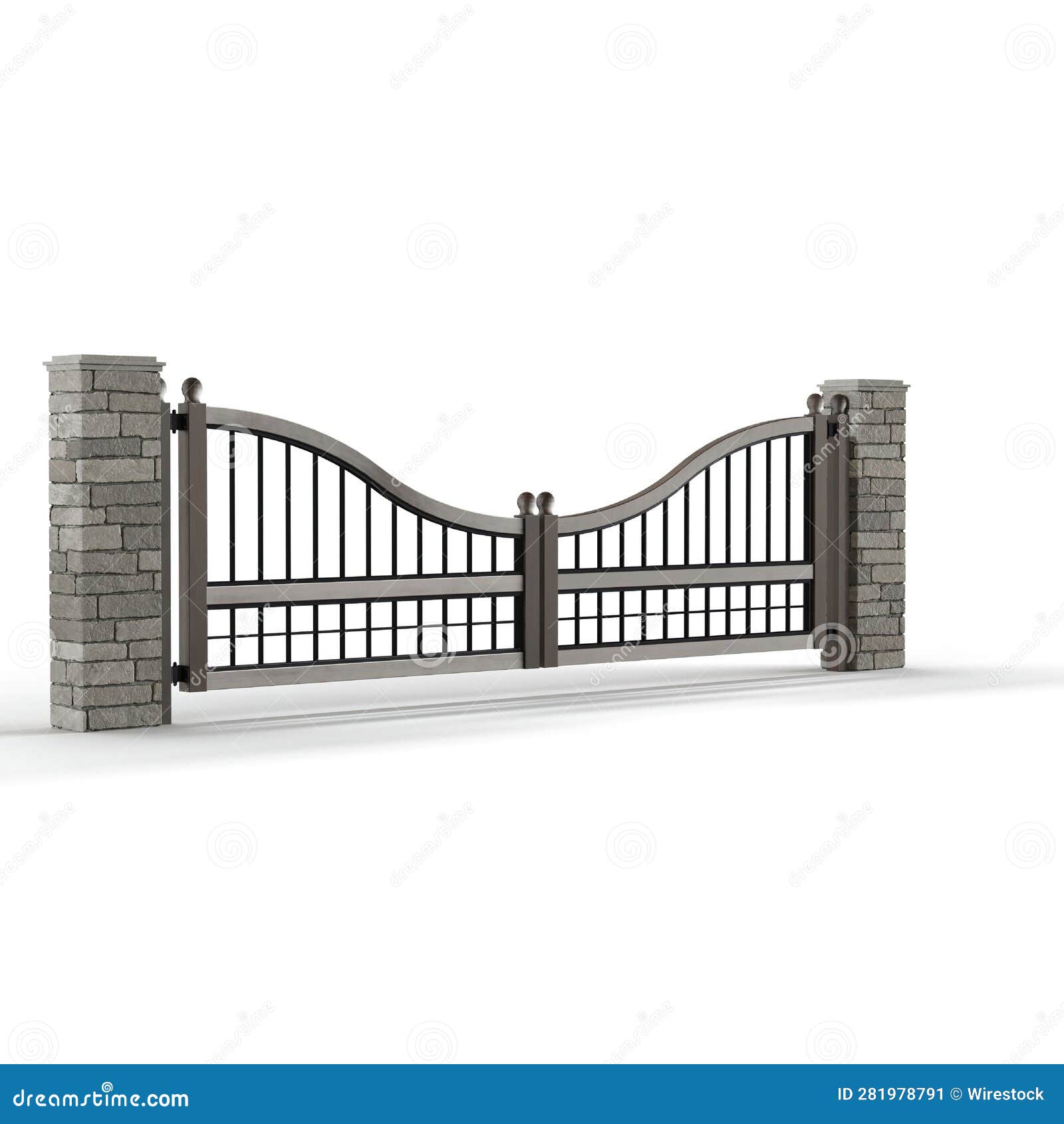 Ornate Metal Gate Stands between Two Brick Pillars - 3D Rendering ...