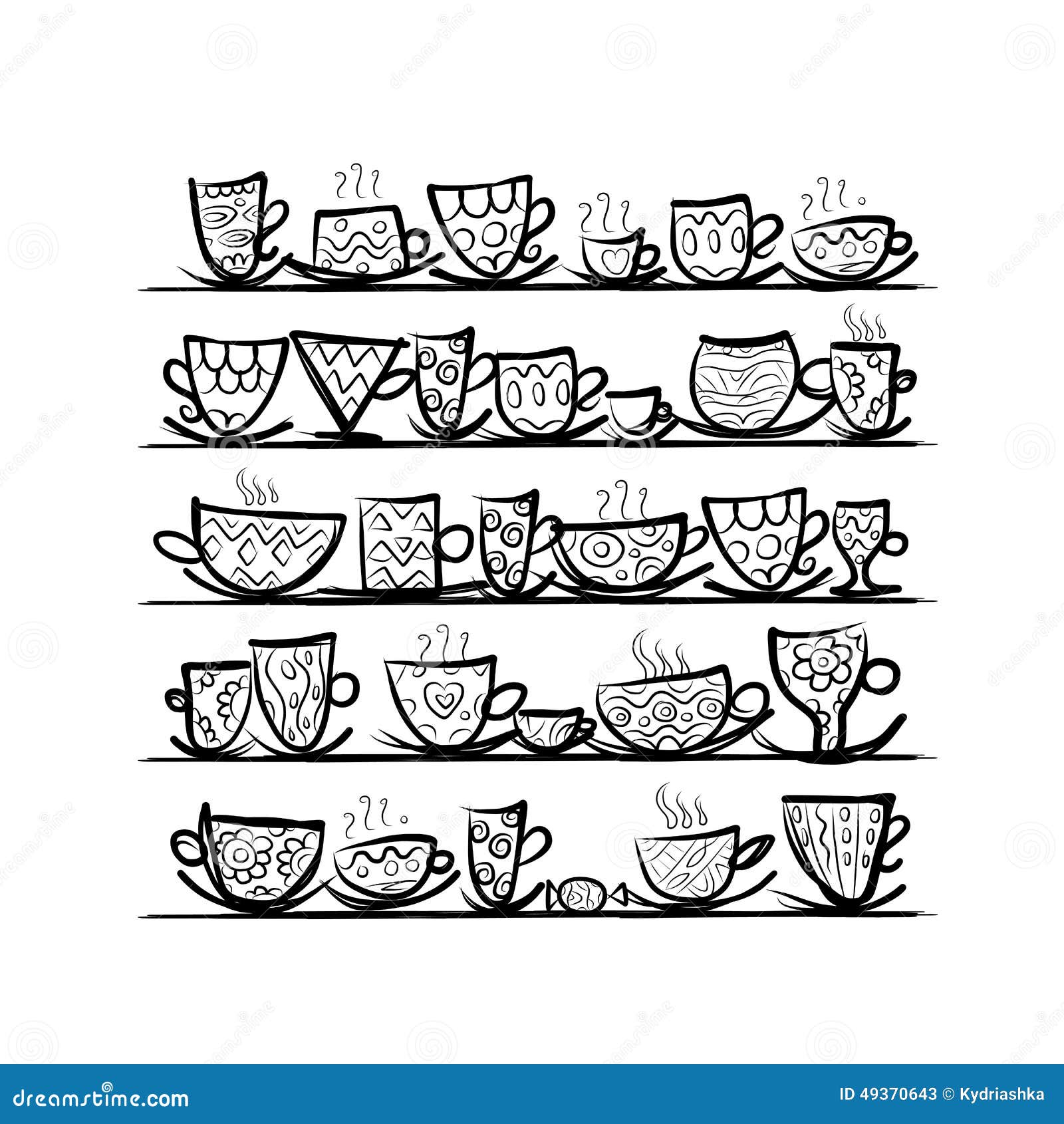 Ornate Mugs on Shelves, Sketch for Your Design Stock Vector ...