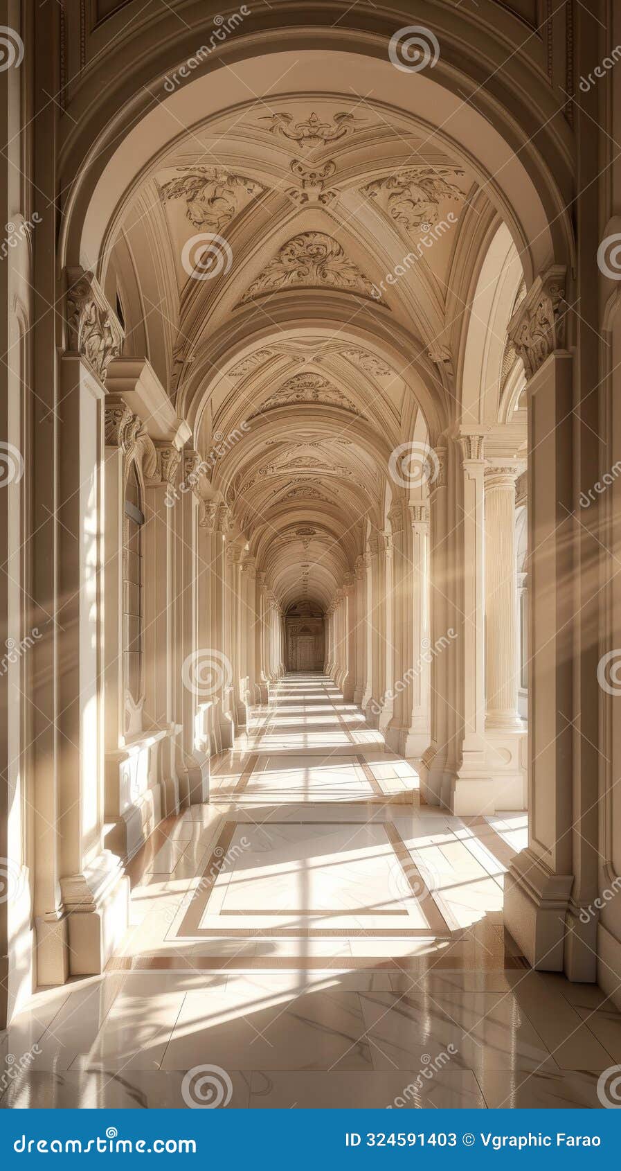 Ornate Palace Hallway with Sunlight Streaming through Arched Windows ...