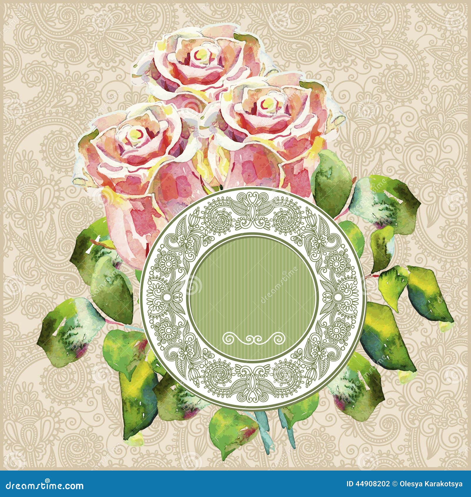 Ornate Pattern with Pink Watercolor Rose Stock Vector - Illustration of ...