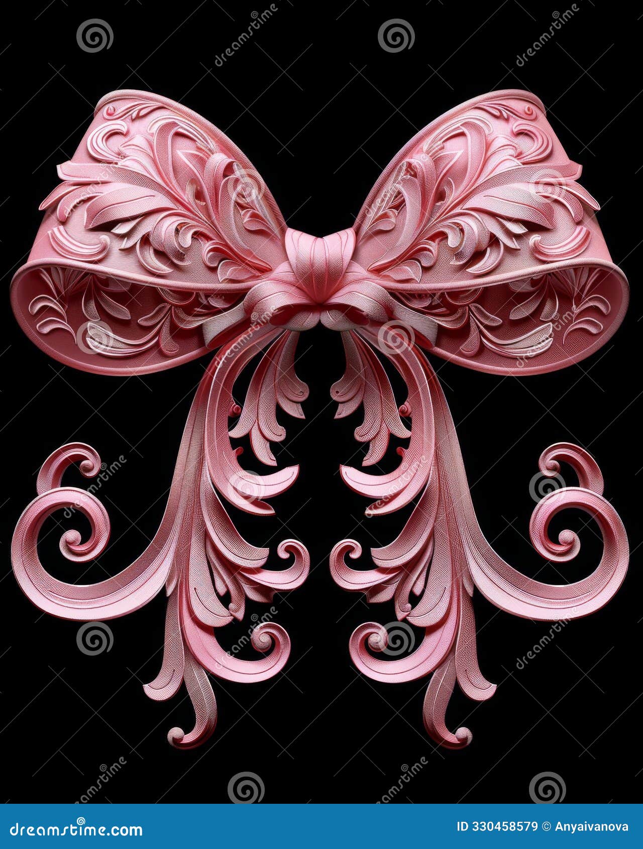 Ornate Pink Bow with Intricate Scroll Design on Black Background Stock ...
