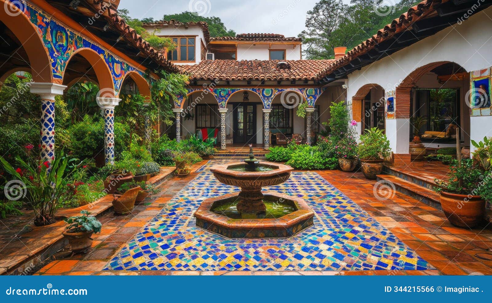 Spanish Colonial House With Charming Courtyard And Plants Royalty-Free ...