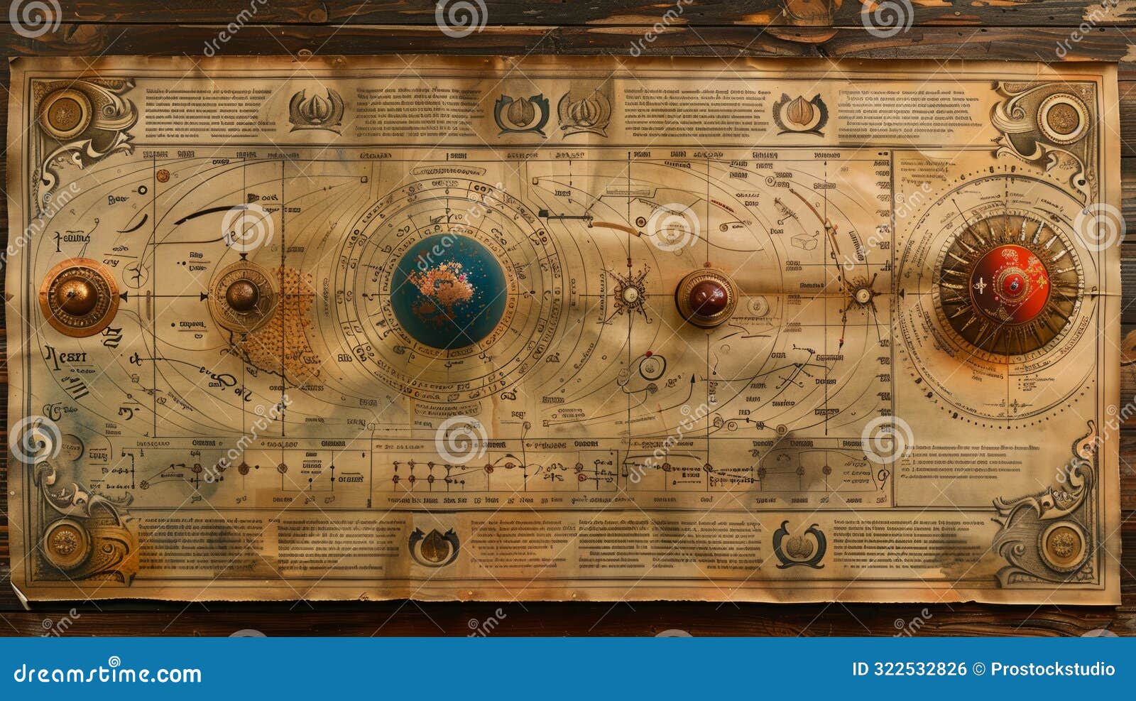 Ornate Vintage Map of Celestial Bodies and Orbits on Wooden Background ...