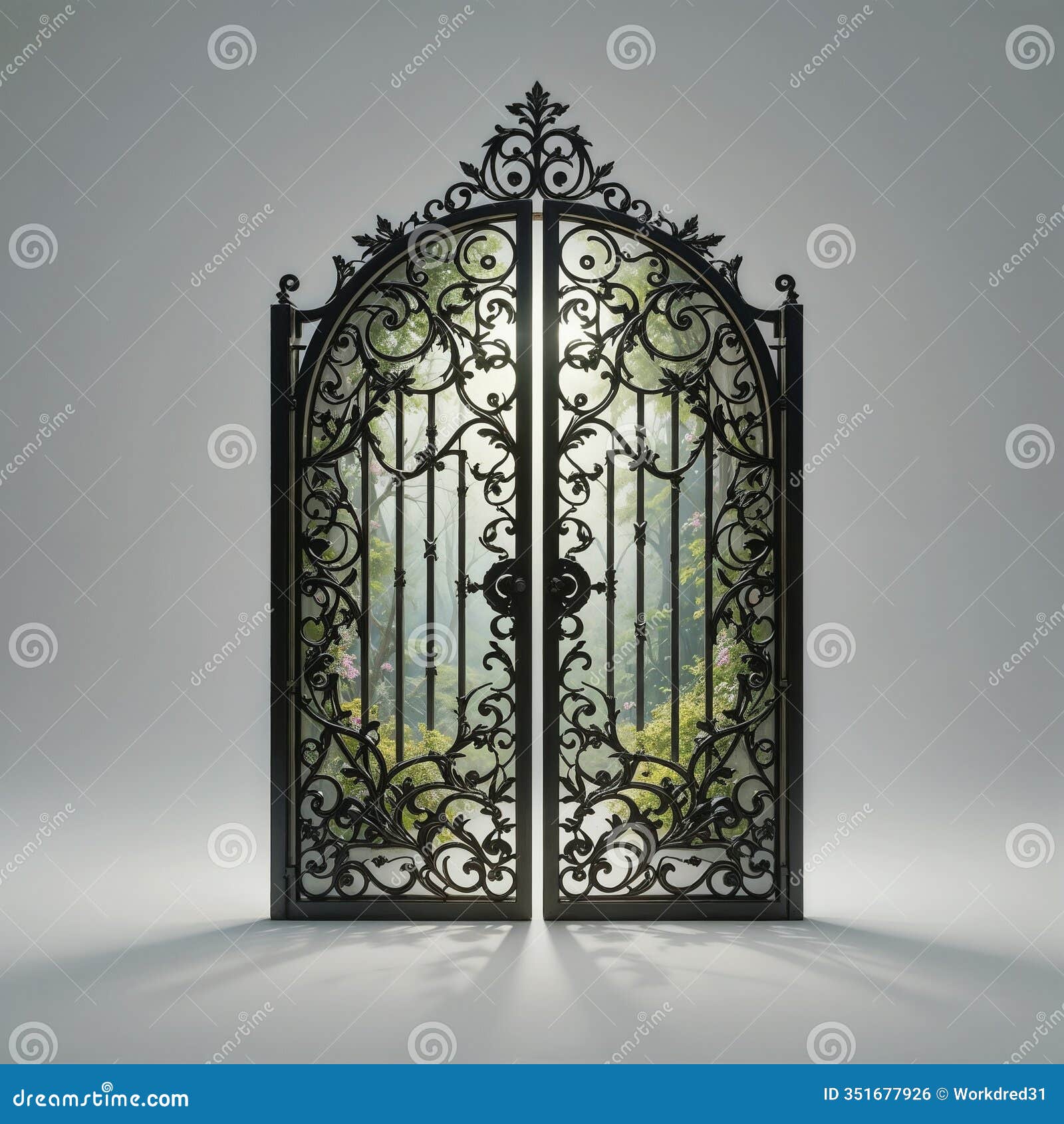 Ornate Wrought Iron Gate with Floral Patterns in Garden Setting Stock ...