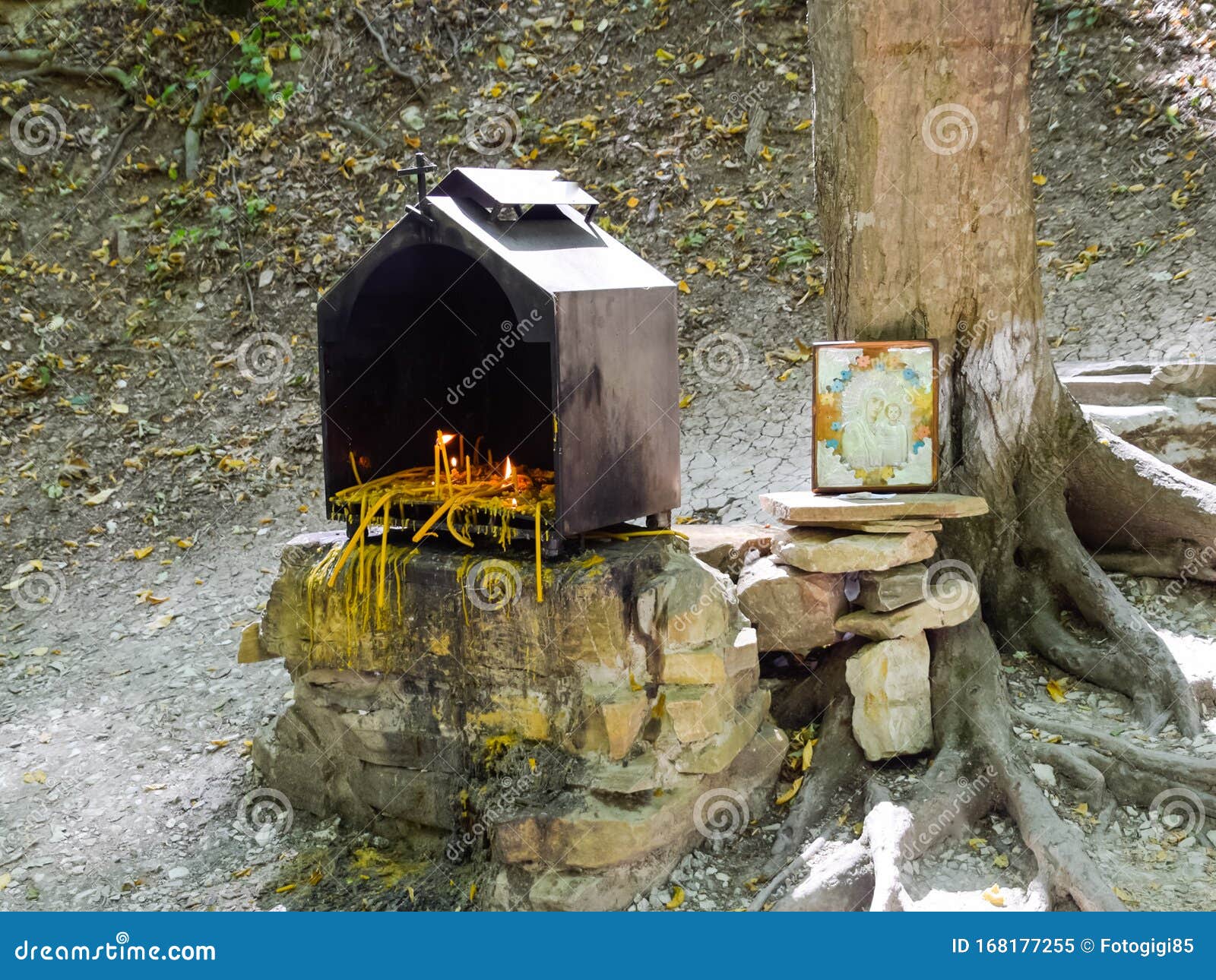 Orthodox Candles in the Under a Tree in a Box. the Prayer Stone by the ...