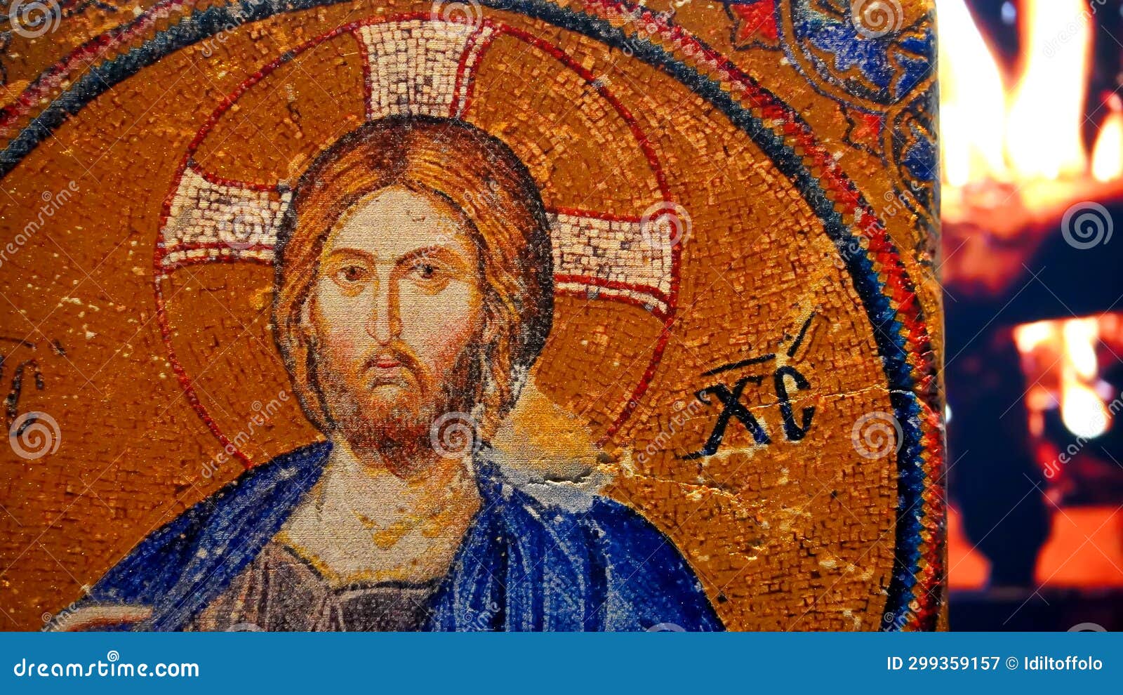 Orthodox Icon of Jesus with Flames Background Back of it. Stock Image ...