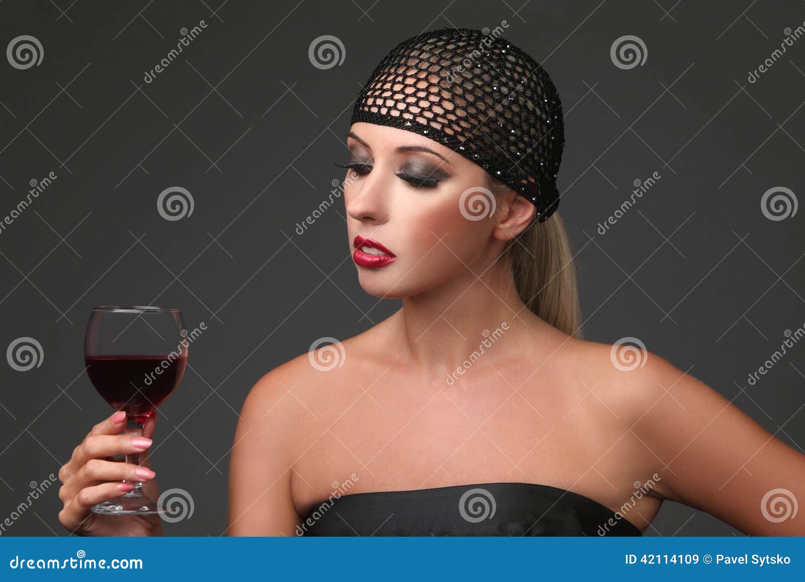 Ortrait Of Beautiful Young Woman With Wine Glass Girl In Retro Style Stock Image Image Of