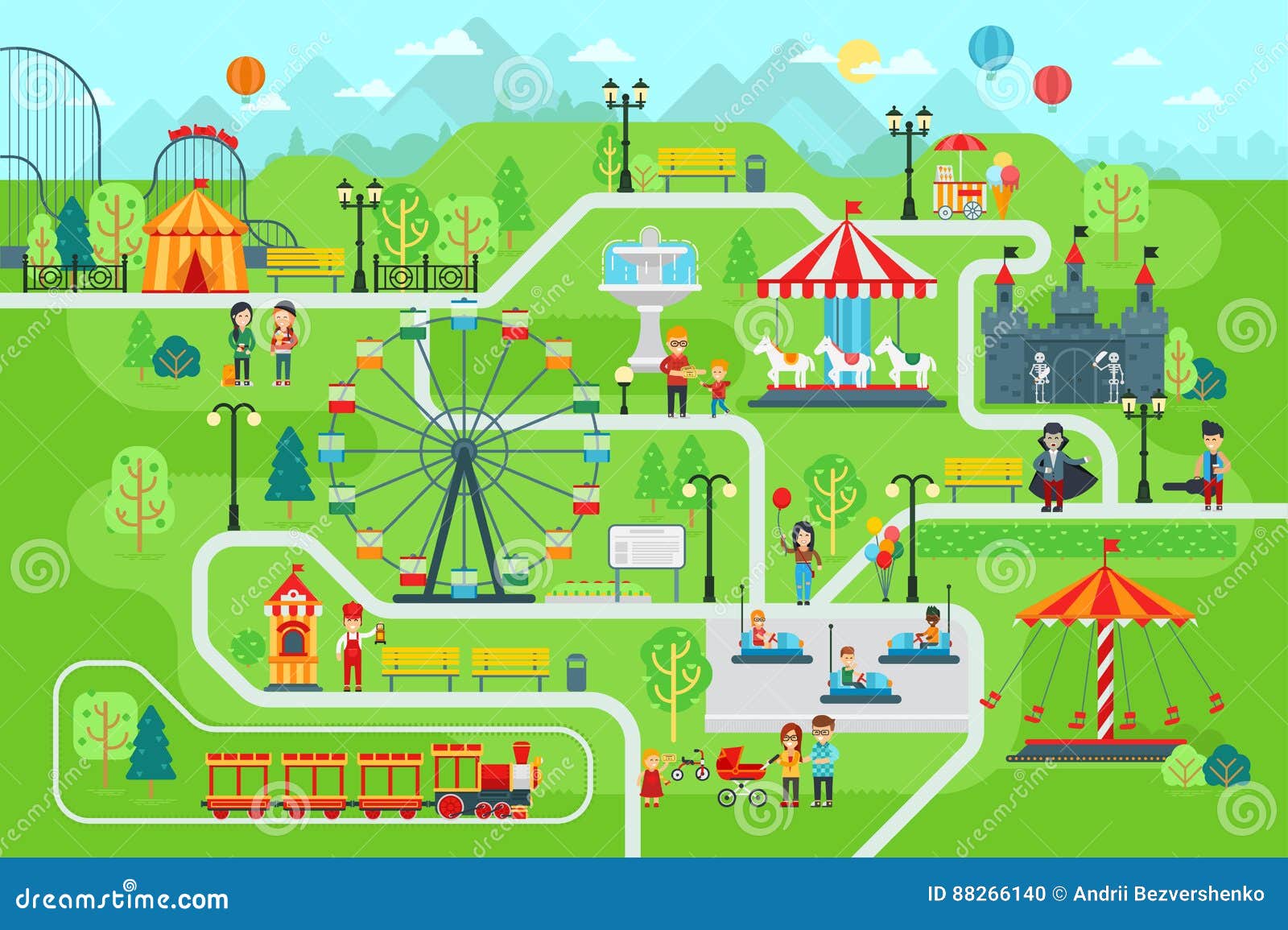 Os Elementos Infographic Do Mapa Do Parque De Diversões No Vetor Liso ...
