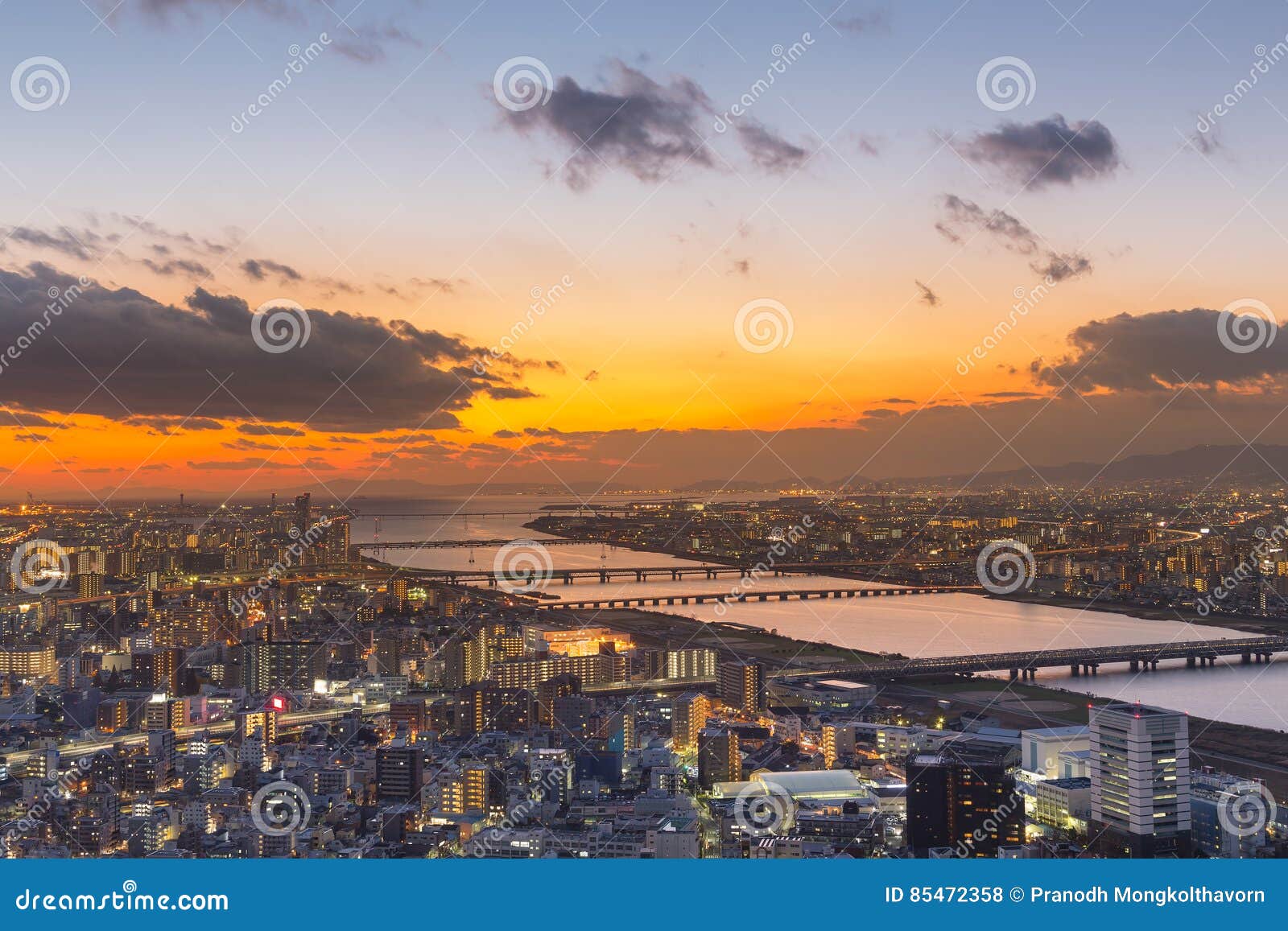 Osaka City Aerial View with Sunset Sky Stock Photo - Image of bank ...