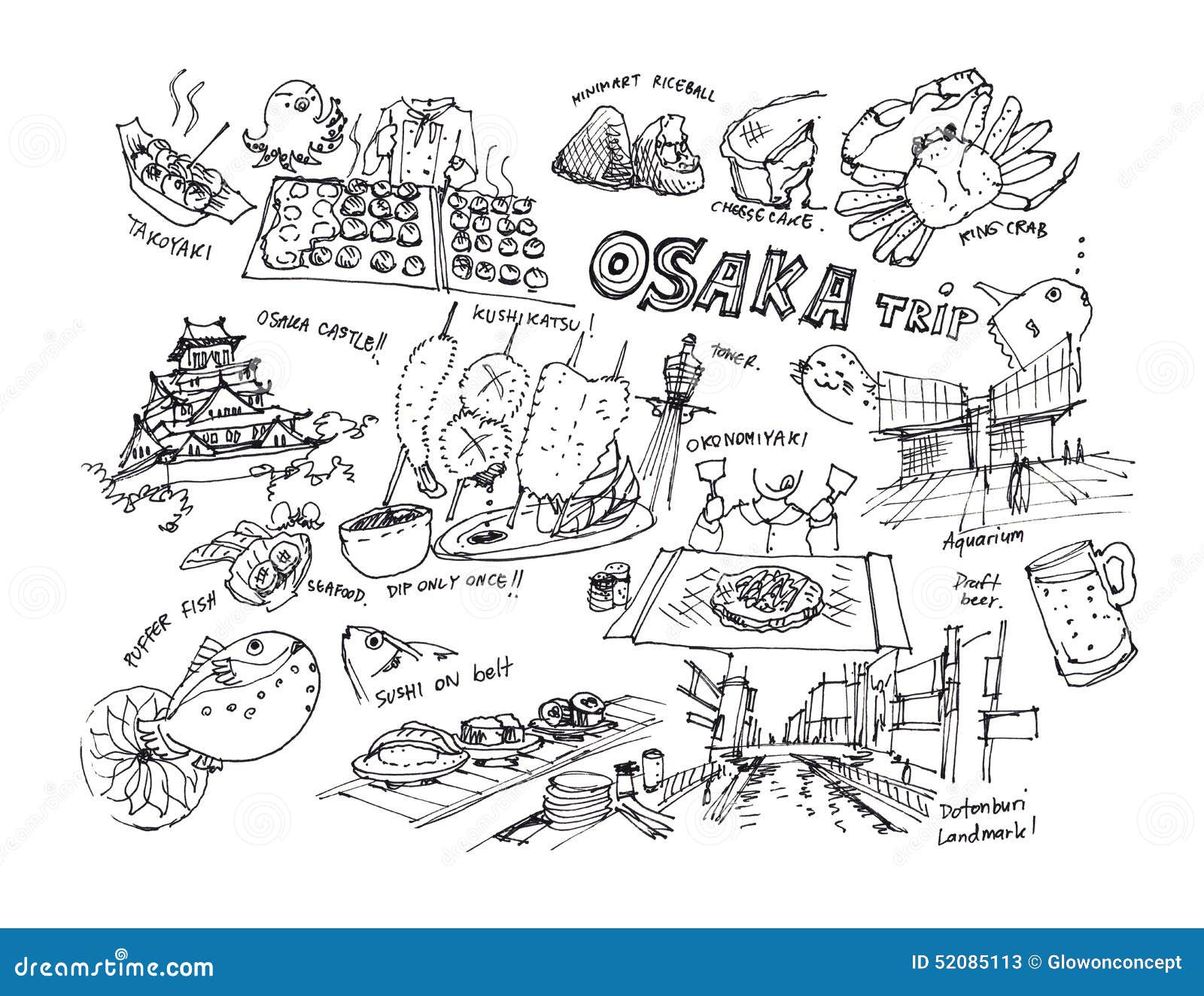 Osaka Japan Drawing Illustration of Landmark and Items Stock ...