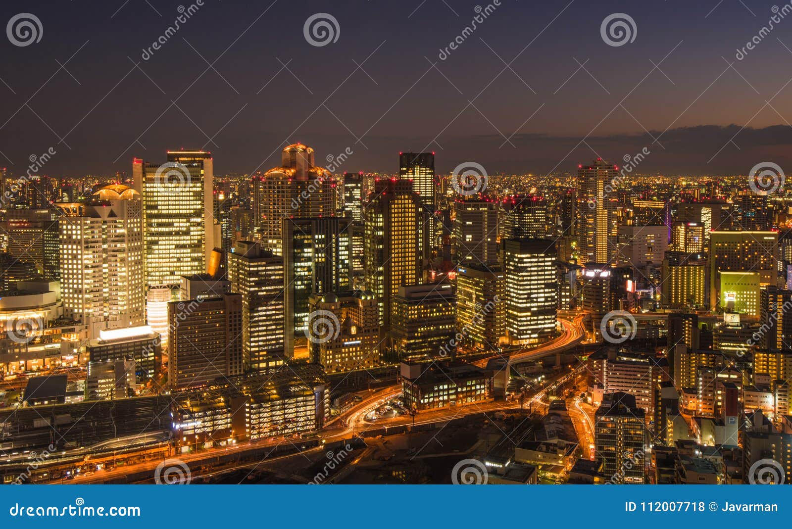 Osaka night skyline editorial stock photo. Image of aerial - 112007718
