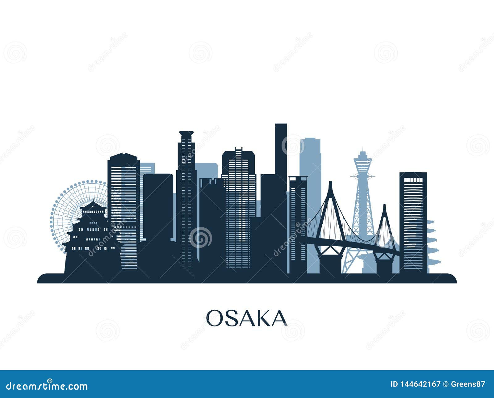 Osaka Skyline, Monochrome Silhouette. Stock Vector - Illustration of ...
