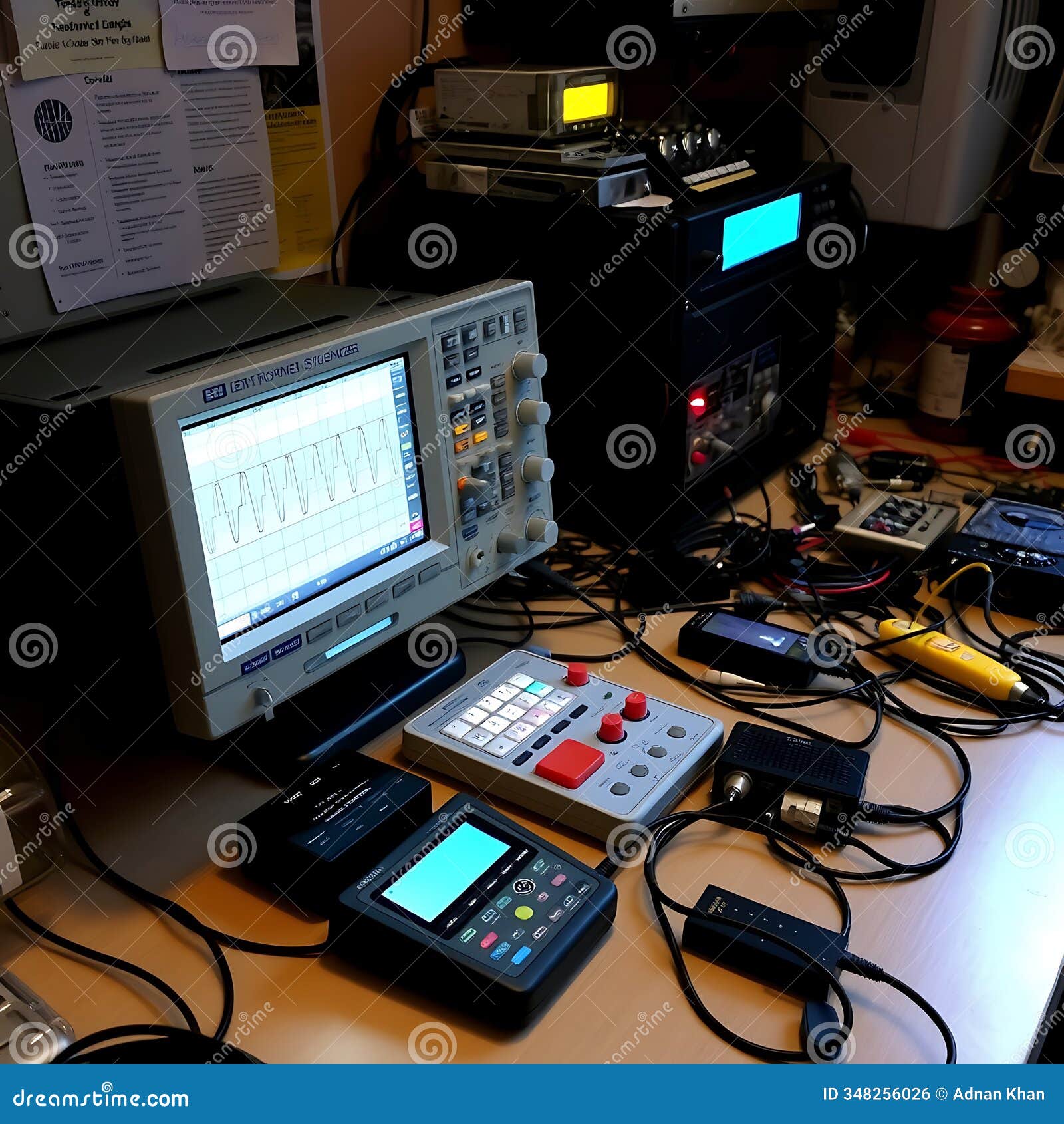 Oscilloscope on a Technician Desk with a Waveform Analysis on the ...