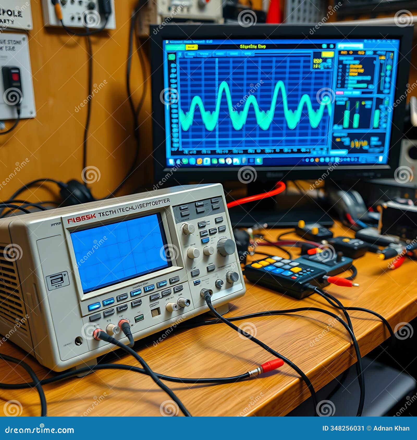 Oscilloscope on a Technician Desk with a Waveform Analysis on the ...