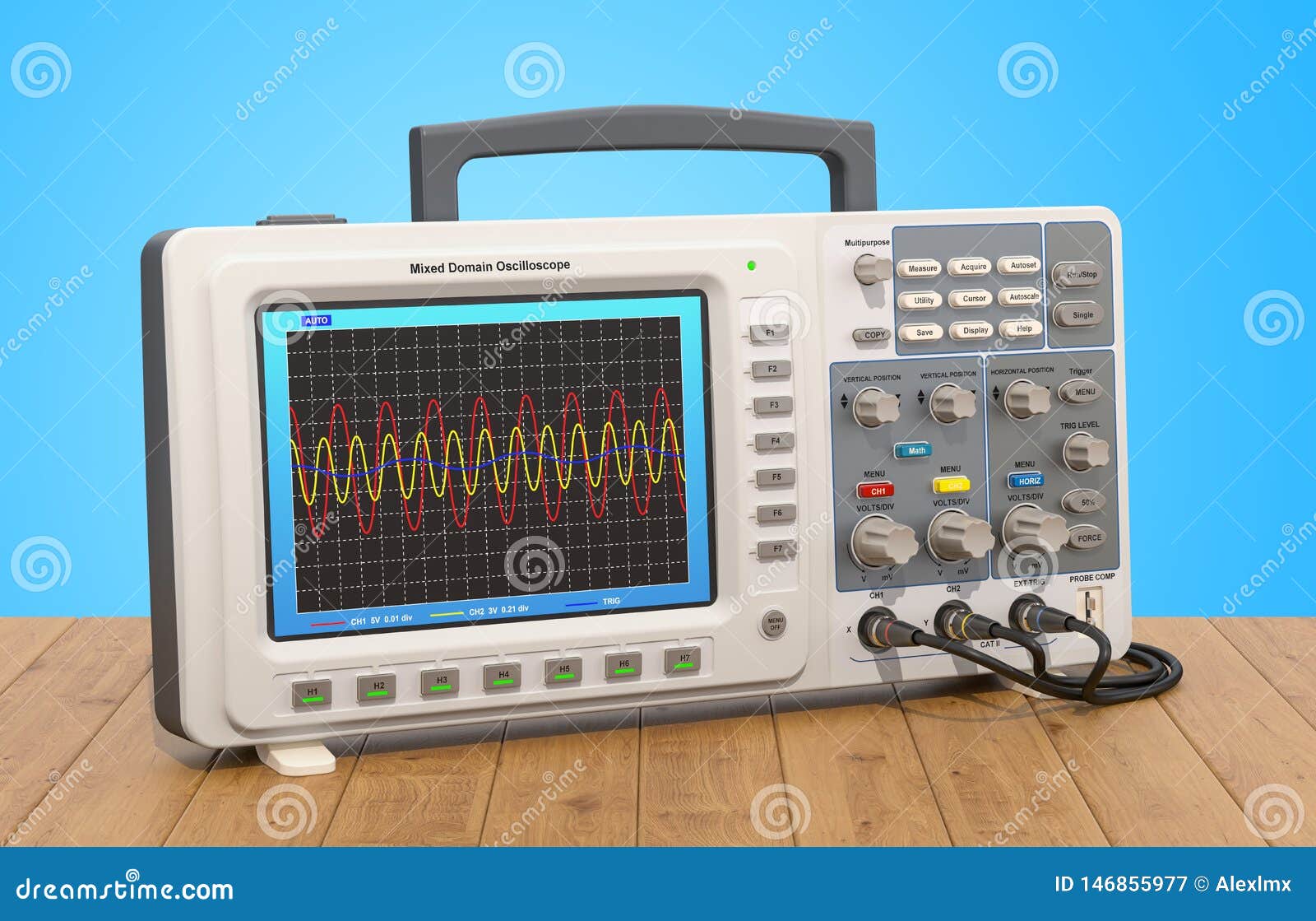 Oscilloscope on the Wooden Table, 3D Rendering Stock Illustration ...