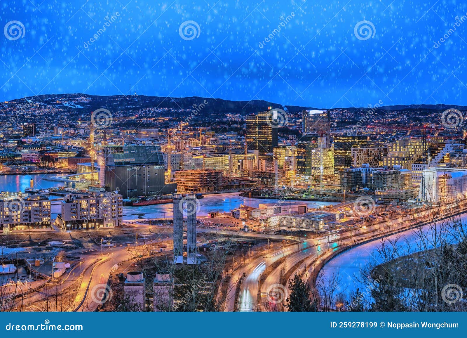 Oslo Norway, Night City Skyline with Snow Winter Stock Image - Image of ...