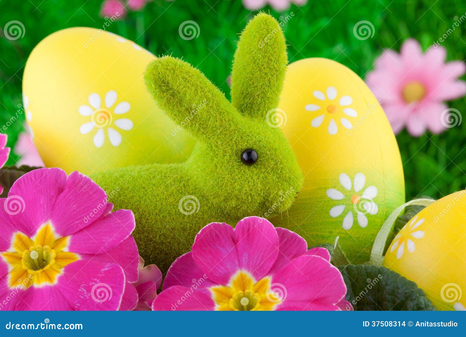 Osterhase Mit Ostereiern Und Blumen Stockfoto - Bild von auslegung ...