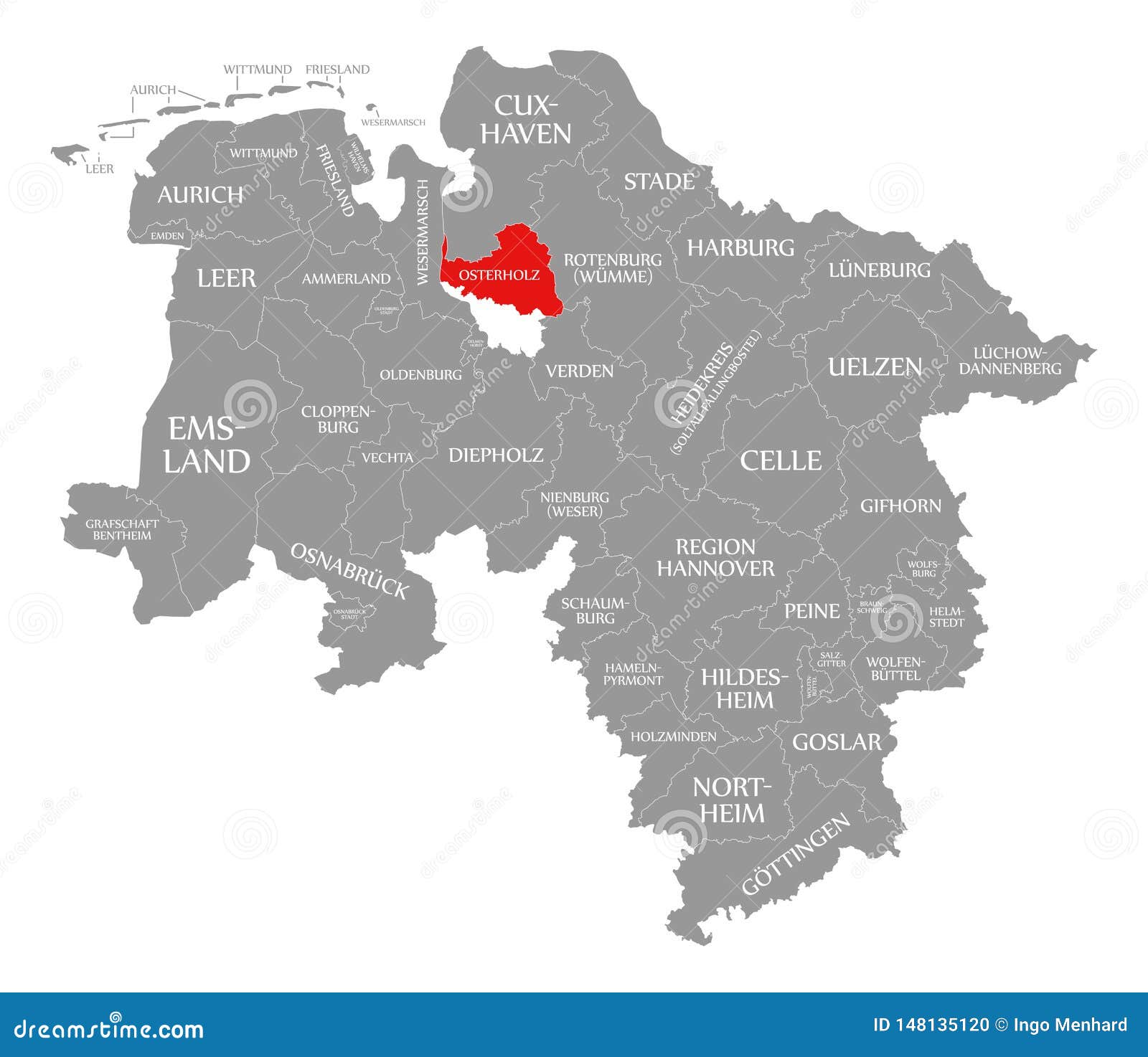 Osterholz County Red Highlighted in Map of Lower Saxony Germany Stock ...