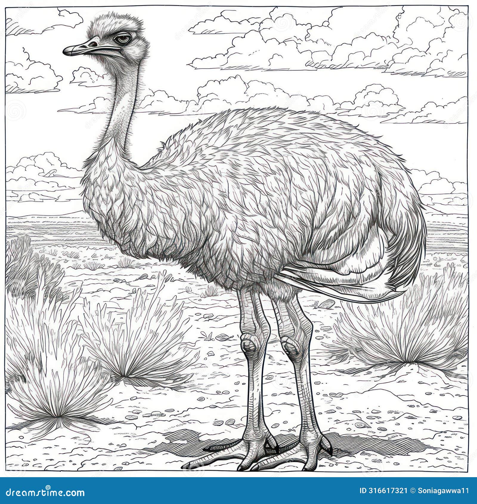Ostrich Drawing Coloring Book Page Stock Illustration - Illustration of ...