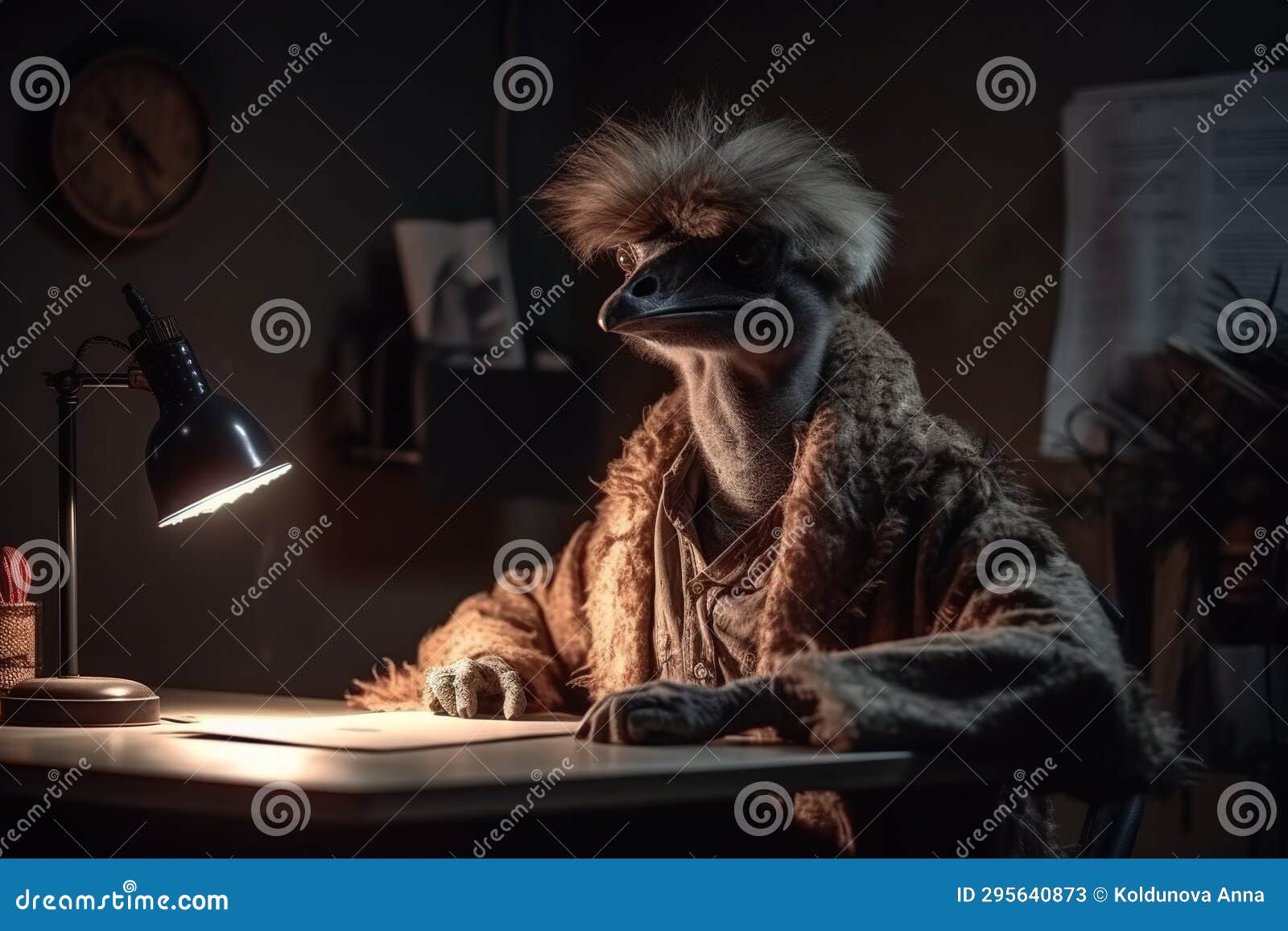 Ostrich Dressed Working at Night Sitting with Lamp Having a Lot of ...