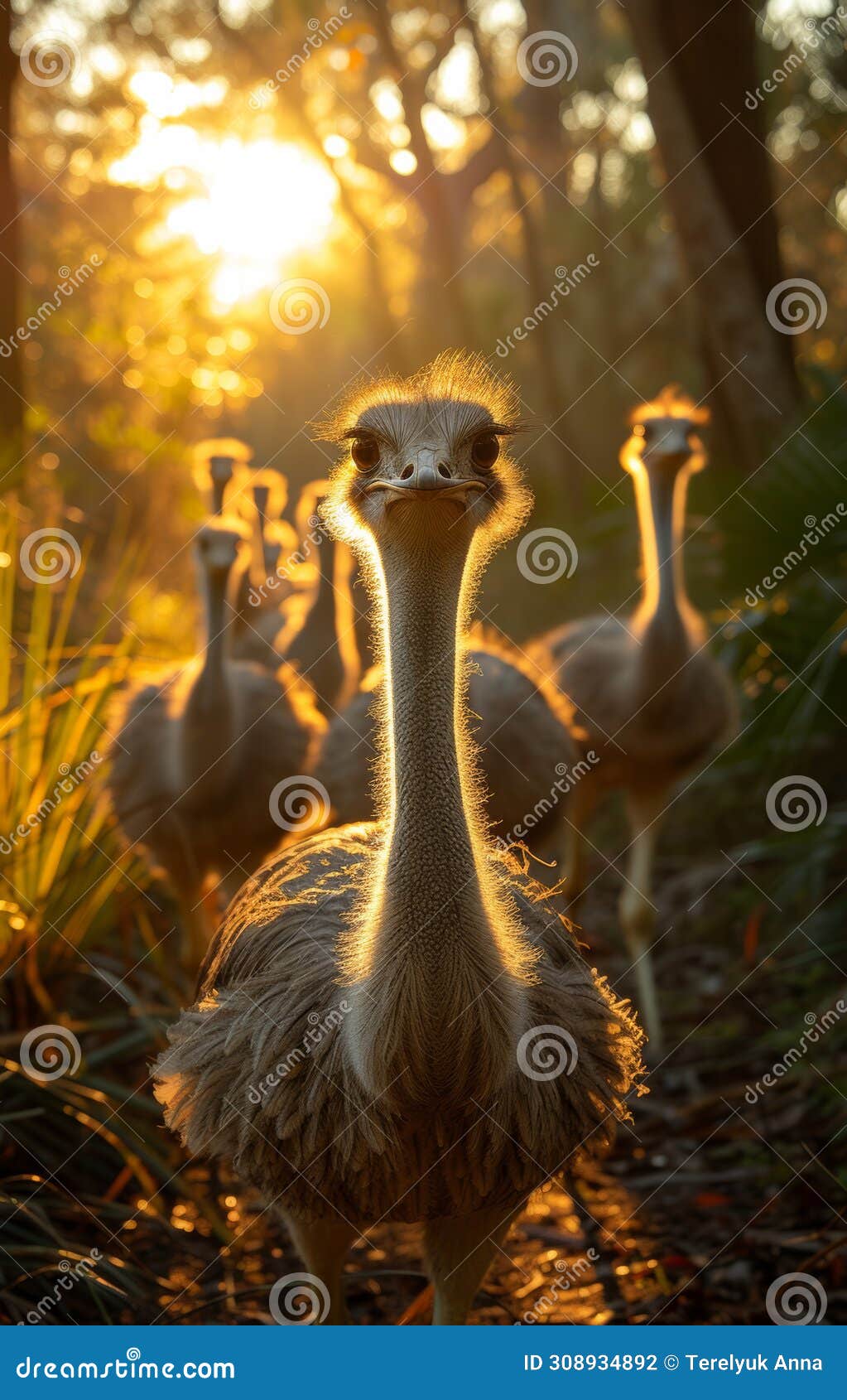 Ostrich Family Walking in the Forest at Sunset Stock Photo - Image of ...
