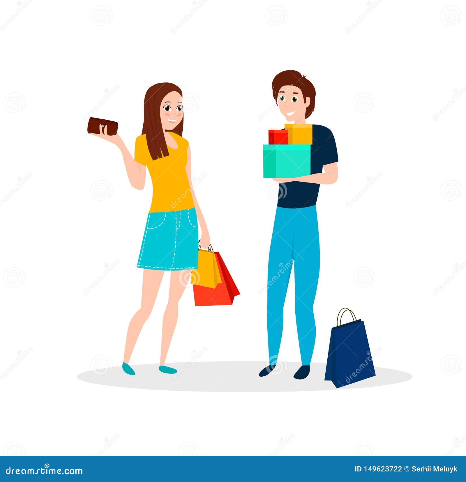 Happy people go shopping. stock vector. Illustration of flat - 149623722