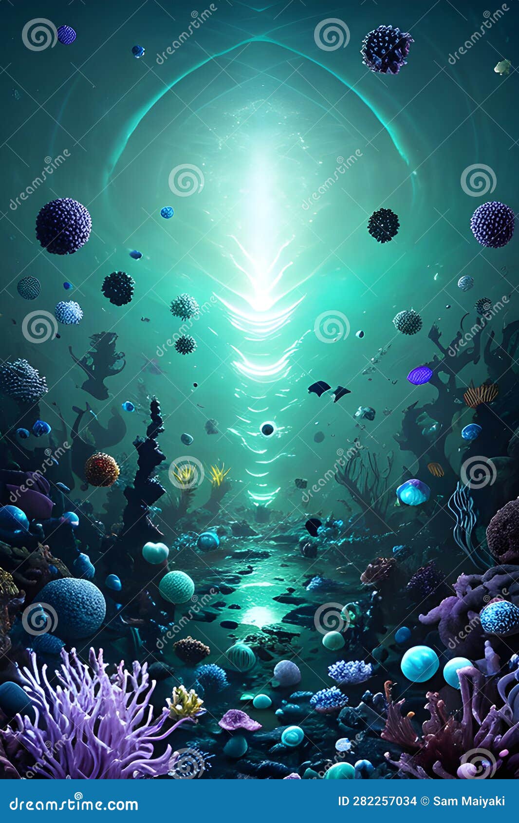 Otherworldly Deep Sea Environment Where Bioluminescent Creatures Emit A ...