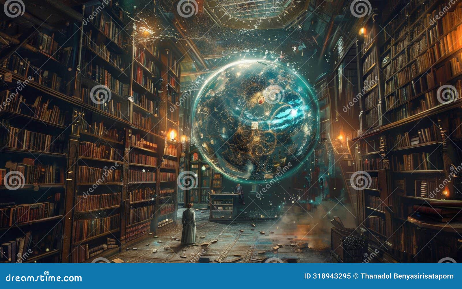 An Otherworldly Library with Books Floating Around a Central Stock ...