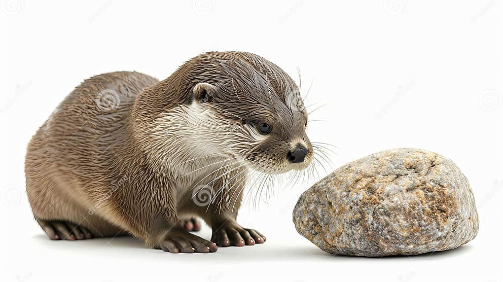 Otter Playing with Rock Isolated on White Studio Shot Stock Image ...