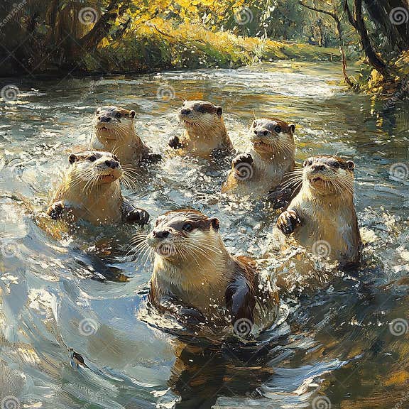 Otters Playing in a Stream stock illustration. Illustration of water ...