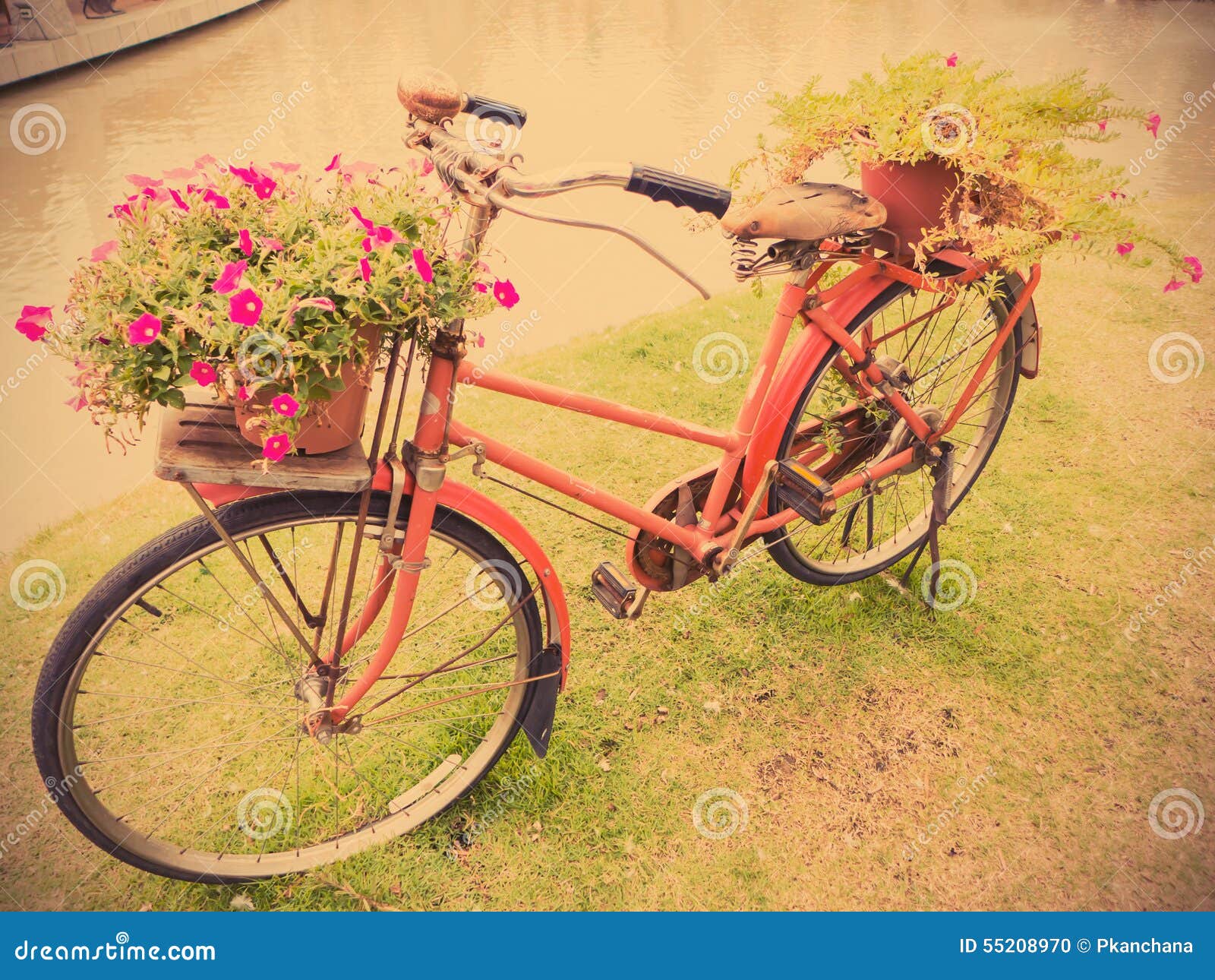 Oude Rode Fiets Met Bloemaardewerk Stock Foto - Image of fiets, gras ...
