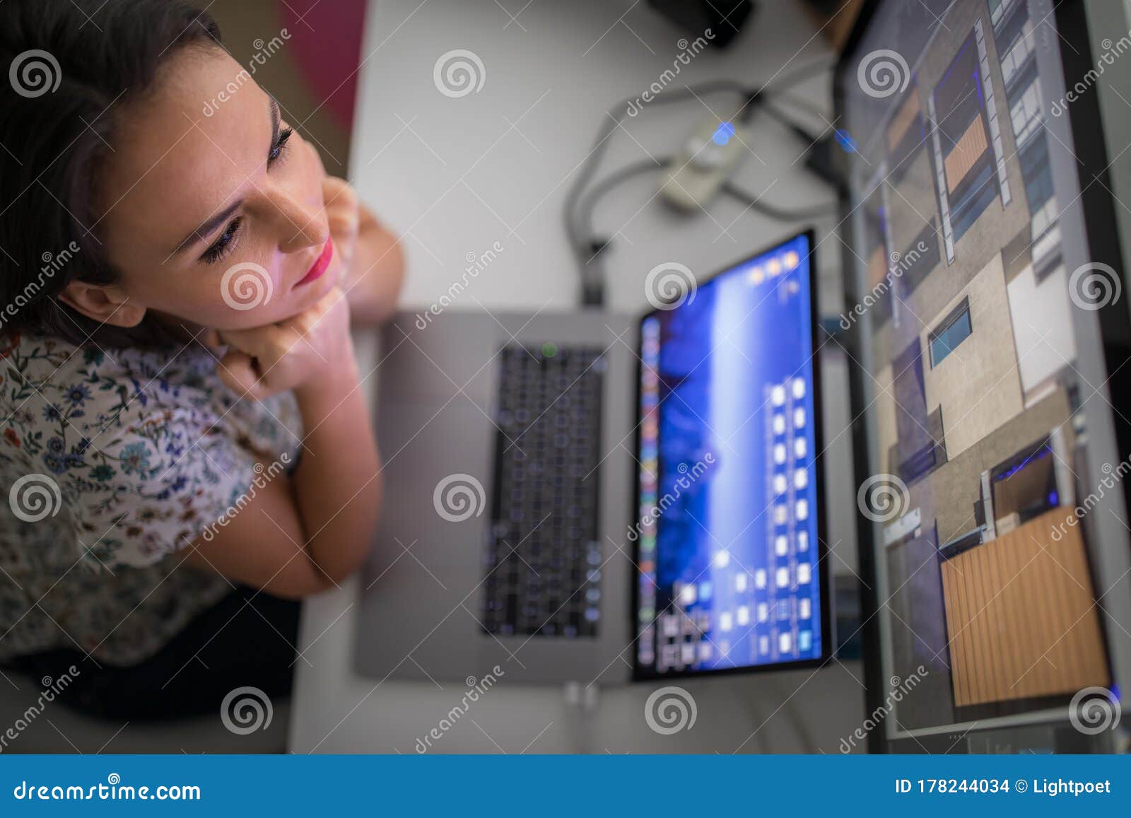 Oung Woman in a Home Office. Multiple Screens Setup. Architect at Work ...